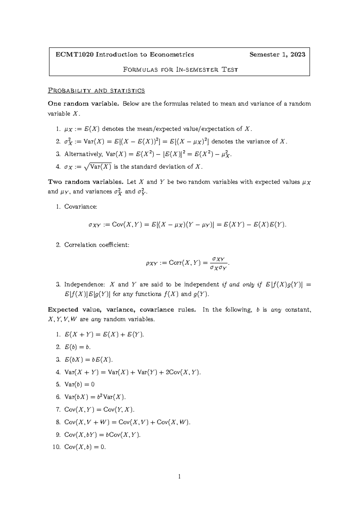 ECMT1020 2023S1 midterm formulas and statistcal table-1 - ECMT1020 ...