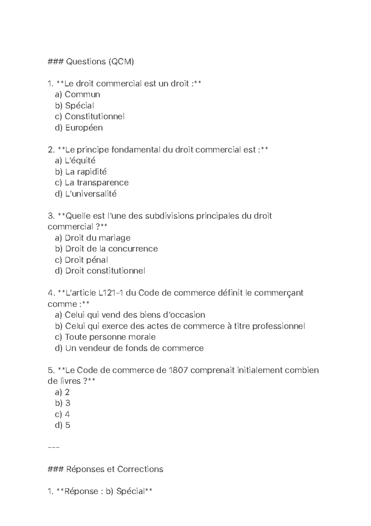 QCM d'entraînement pour l'examen de droit commercial - Cours DC101 - Studocu