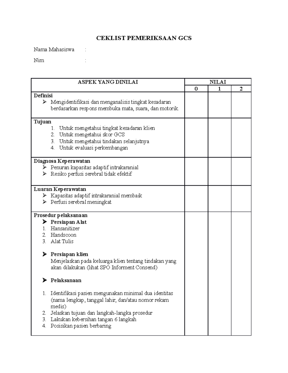 Ceklist Pemeriksaan GCS untuk Evaluasi Kesadaran Pasien - Studocu
