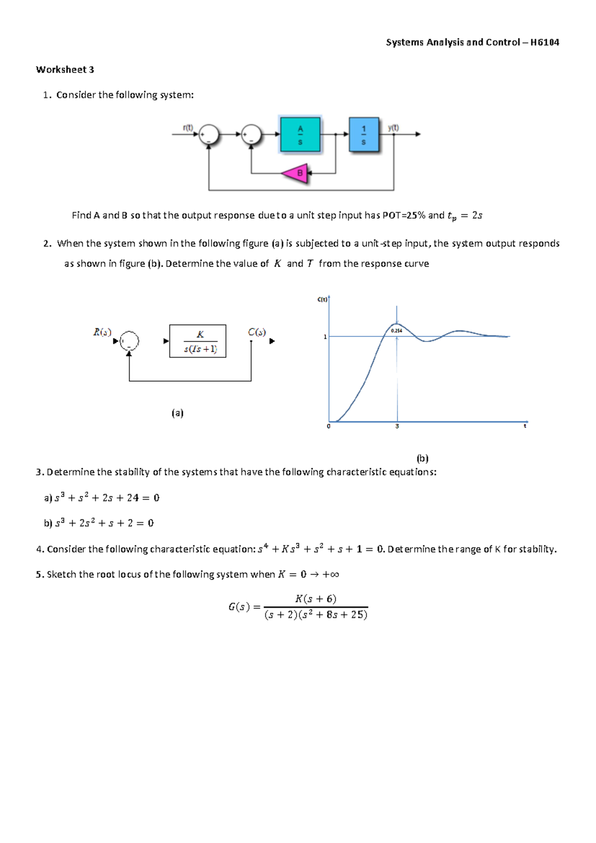 Systems Analysis and Control H6104 Worksheet 3: Stability & Response ...