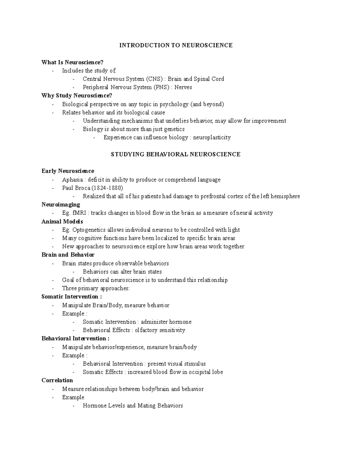 Psych 330 Week 1 Slide Notes - INTRODUCTION TO NEUROSCIENCE What Is ...