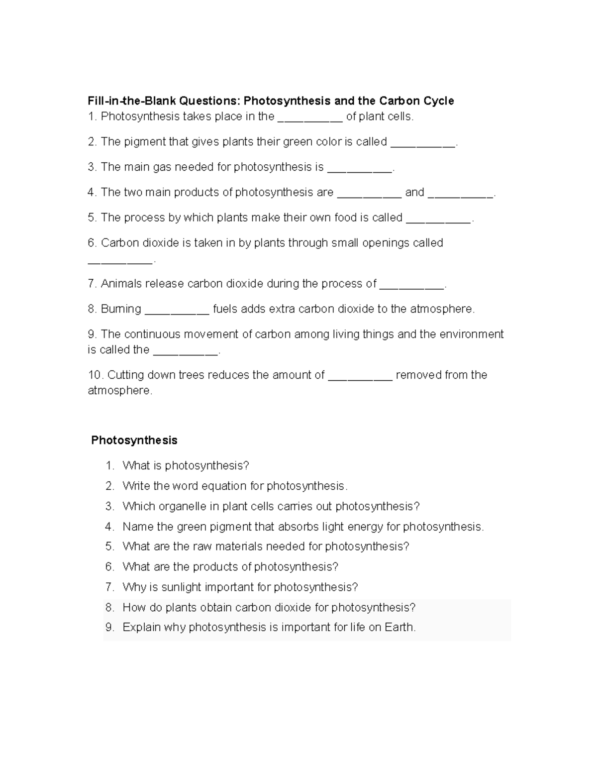 Photosynthesis and Carbon Cycle Study Guide (BIO101) - Studocu