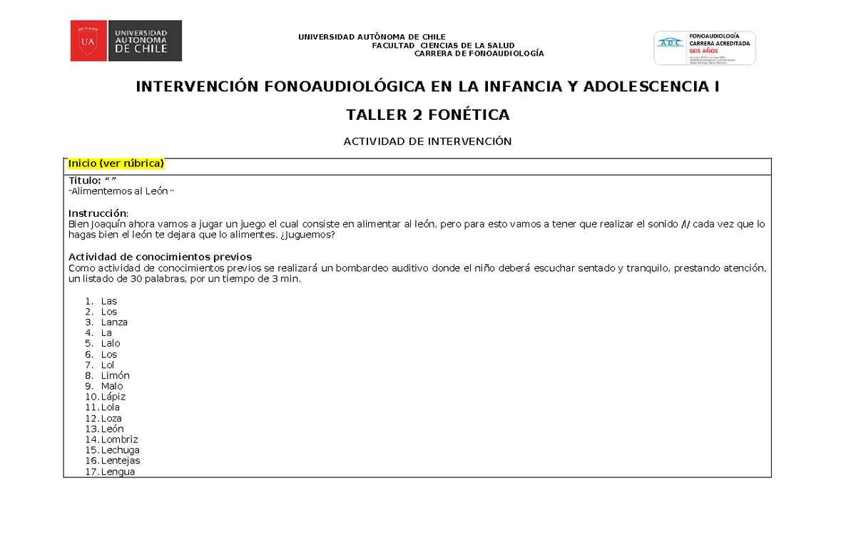 Taller Fonetica - pauta - FACULTAD CIENCIAS DE LA SALUD CARRERA DE ...