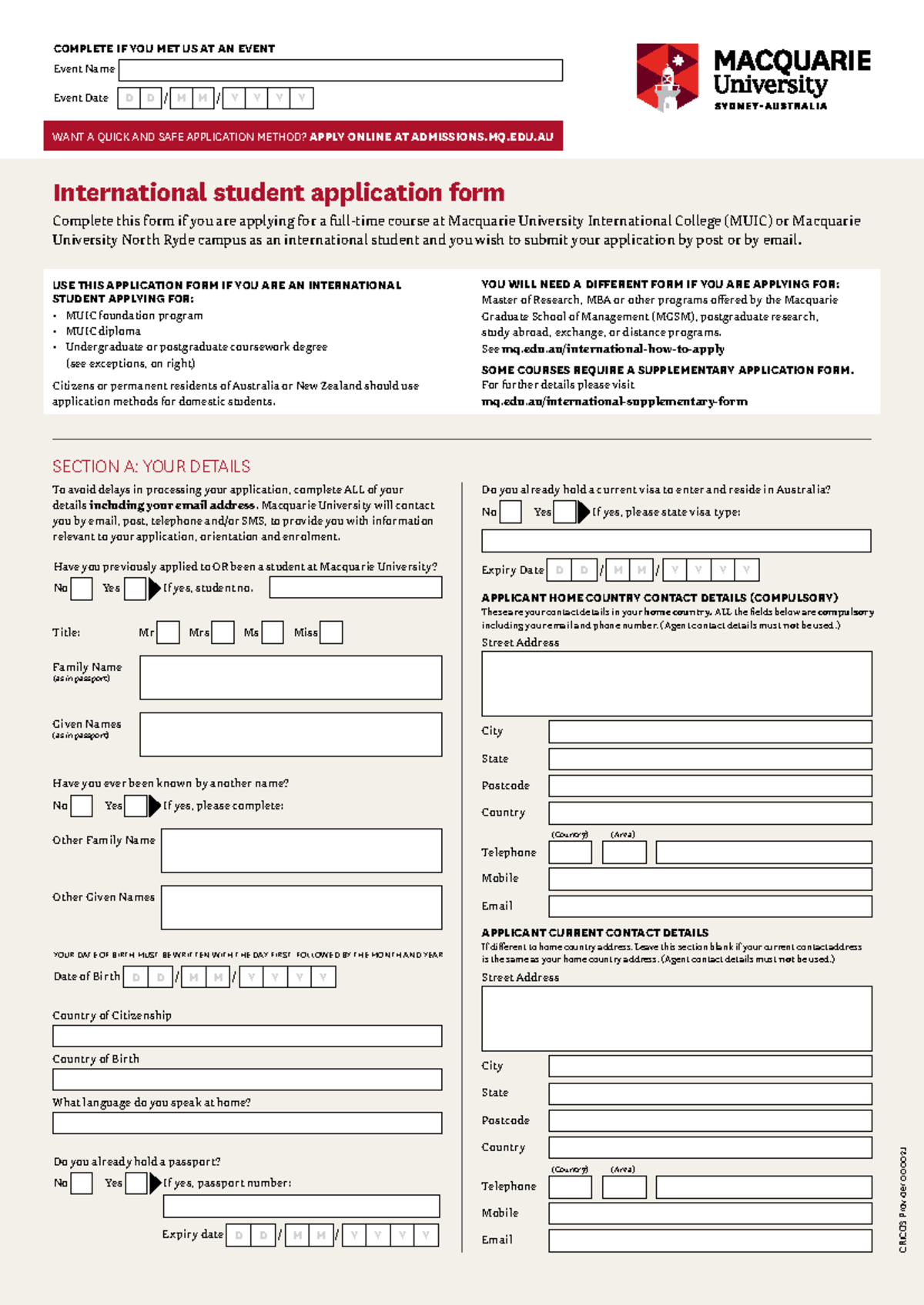 MQ International Student Application Form for Admission - Studocu