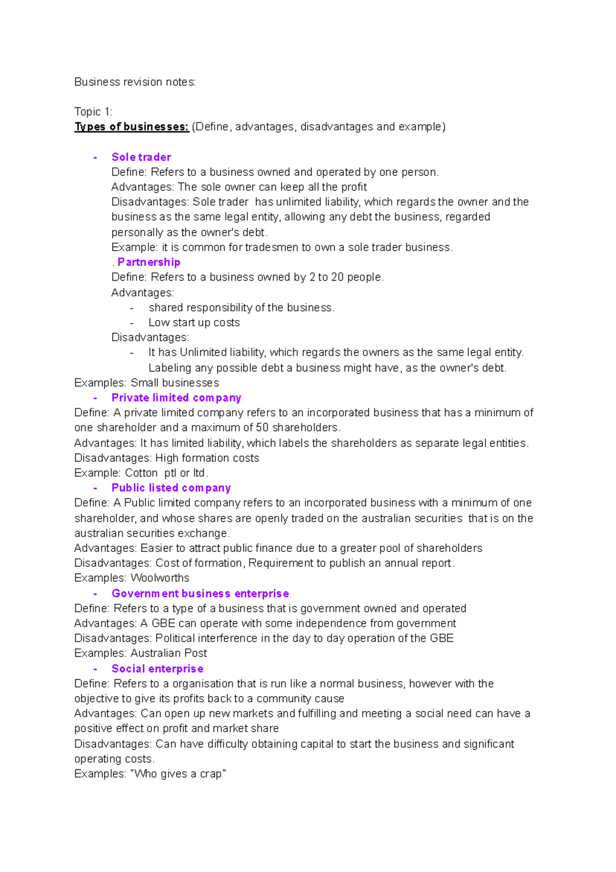 Business Revision Notes: Types of Business Structures and Management ...