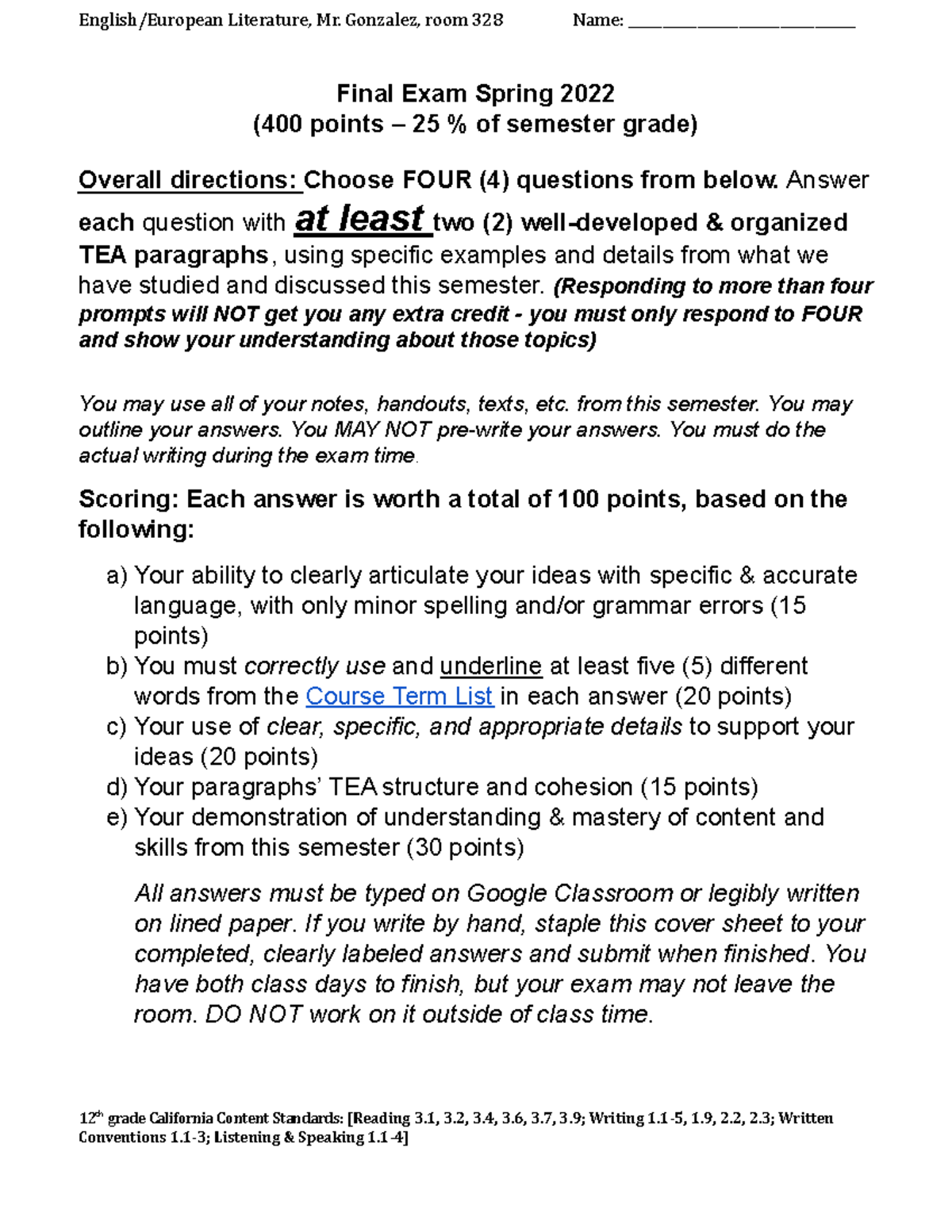 Senior Lit Final Exam Guidelines - Spring 2022 (ENG210) - Studocu