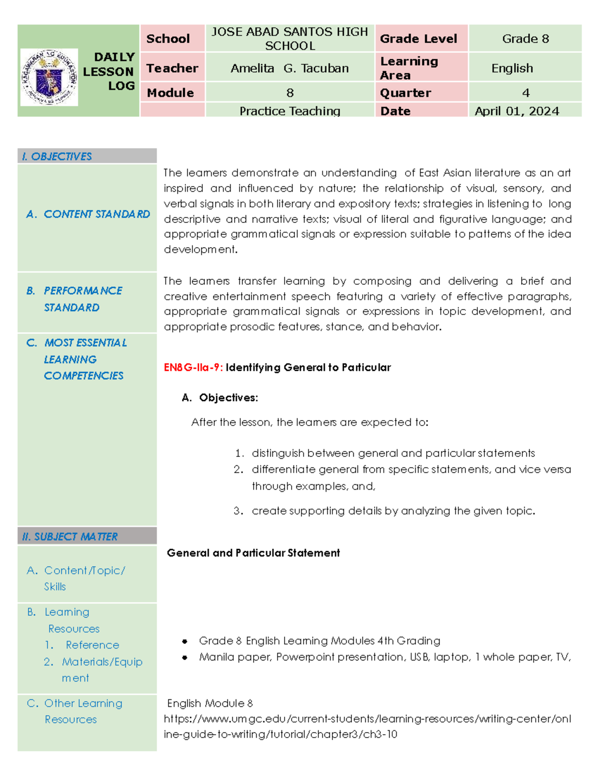 EN8G-lla-9: General to Particular - Lesson Plan for Grade 8 English ...