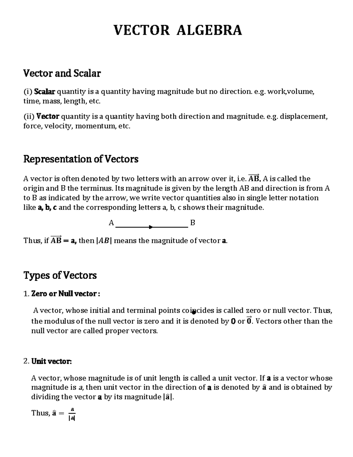 Vector Algebra Lecture Notes PDF: Understanding Vectors and Their ...