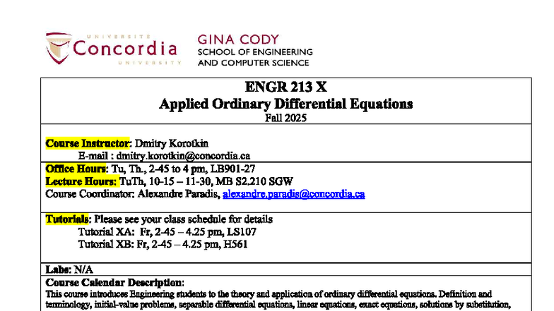 Fall 2025 ENGR 213 - Applied Ordinary Differential Equations Course Outline - Studocu
