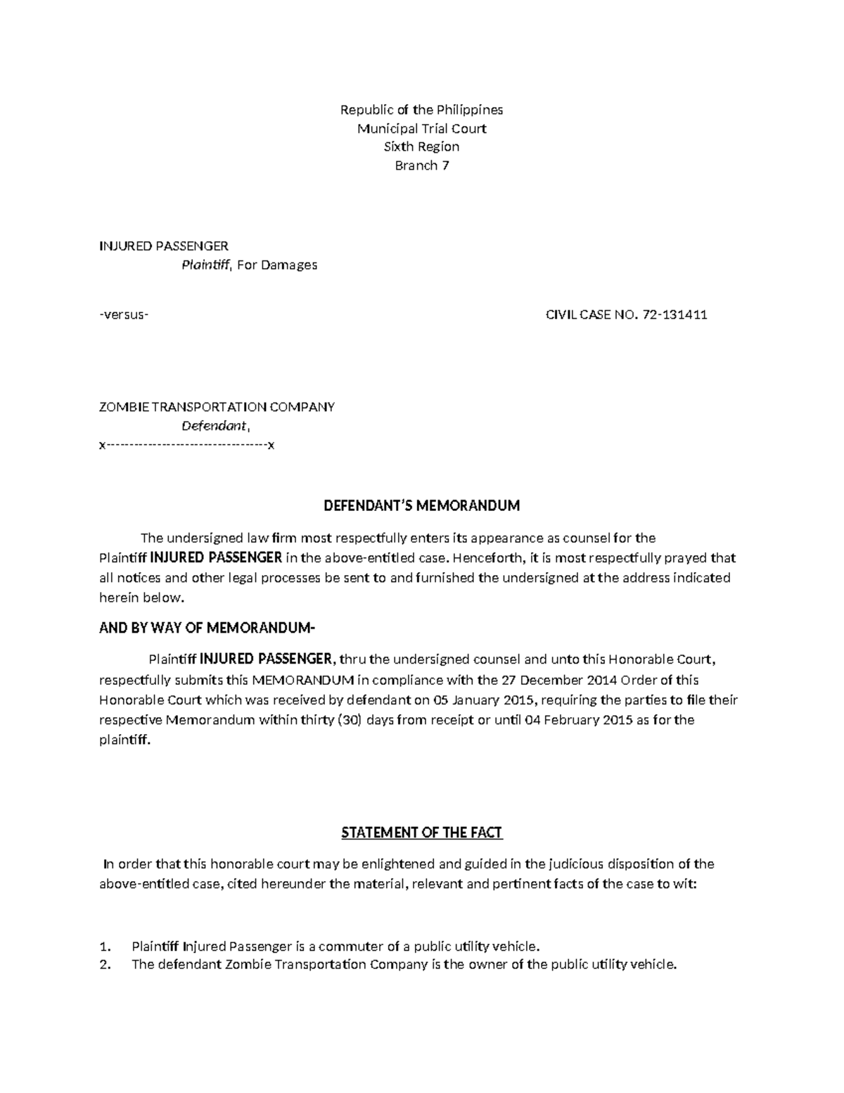 Legal Memorandum: Injured Passenger vs. Zombie Transportation Co ...