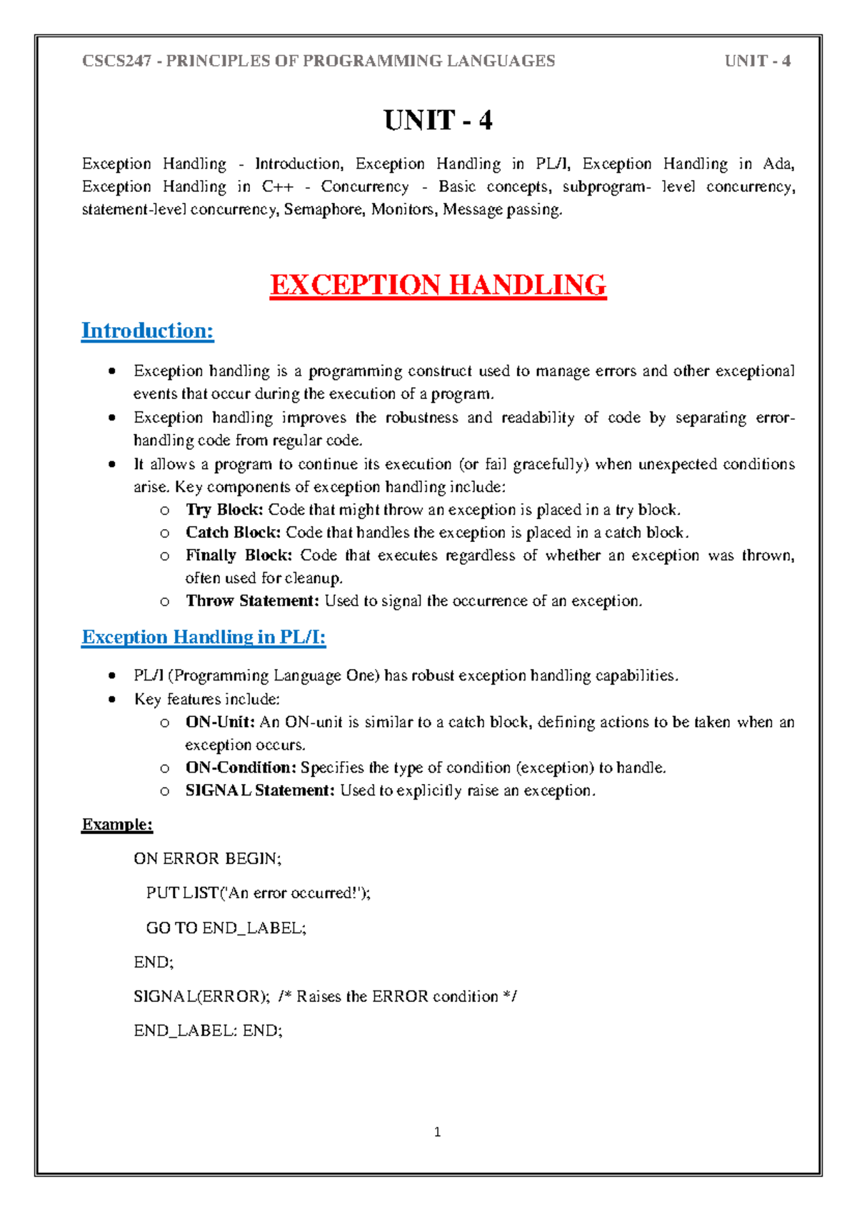 CSCS247 PRINCIPLES OF PROGRAMMING LANGUAGES UNIT 4: Exception Handling ...