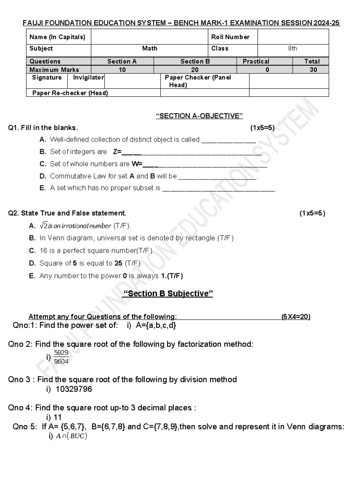 8th Grade Math Benchmark Exam - FAUJI FOUNDATION EDUCATION SYSTEM - Studocu