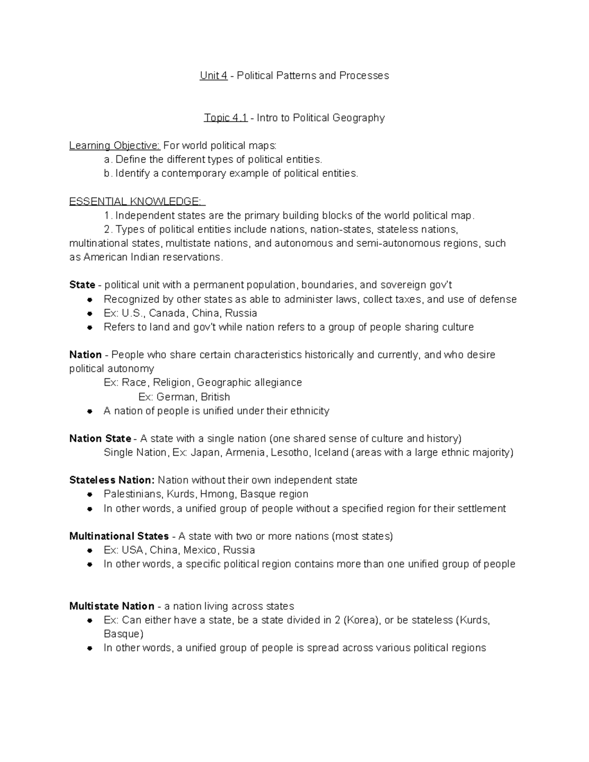 AP HUG Unit 4: Political Patterns and Processes Lecture Notes - Studocu