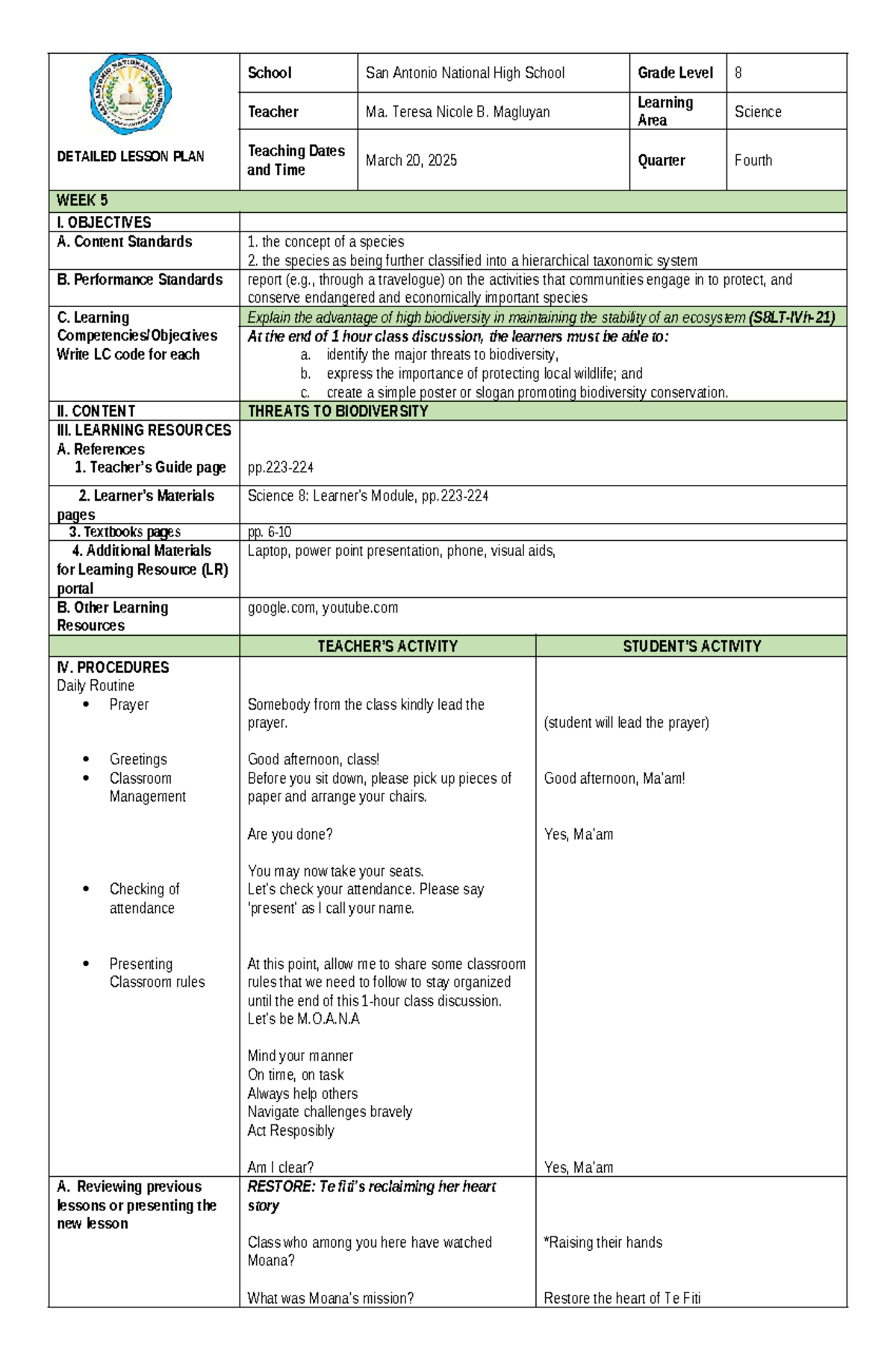 Detailed Lesson Plan on Biodiversity Conservation - Science 8 - Studocu
