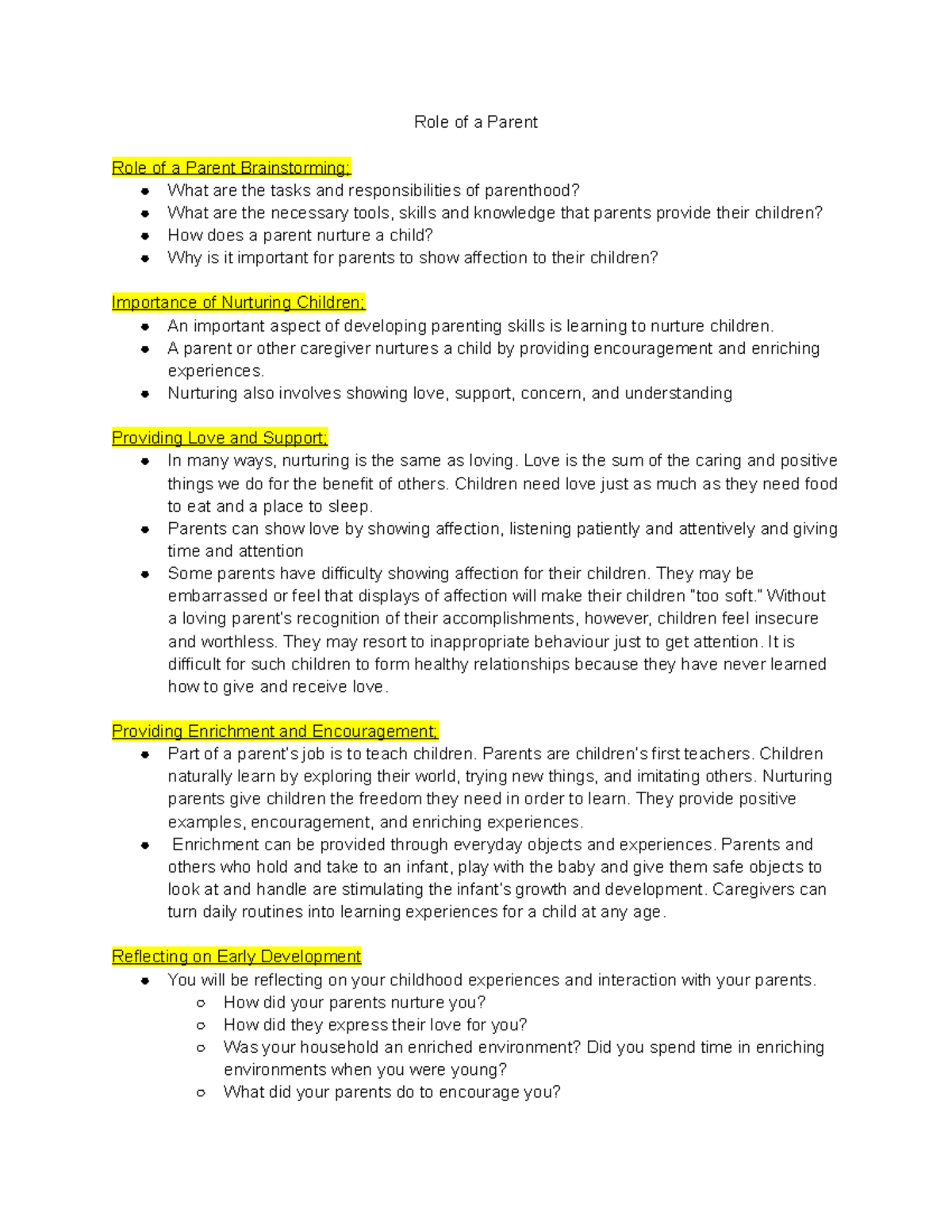 Role of a Parent - Role of a Parent Role of a Parent Brainstorming ...