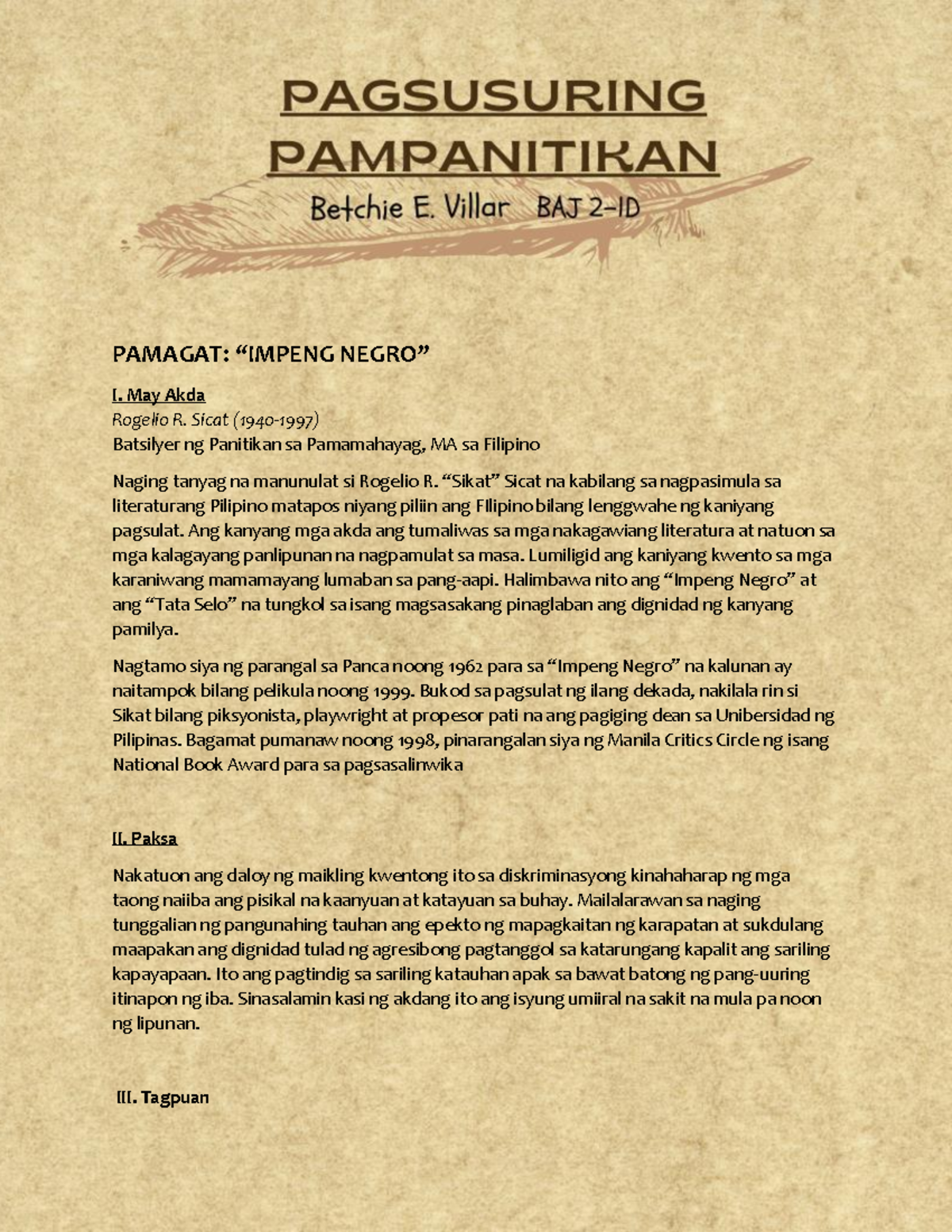 Pagsusuring Pampanitikan Villar - PAMAGAT: