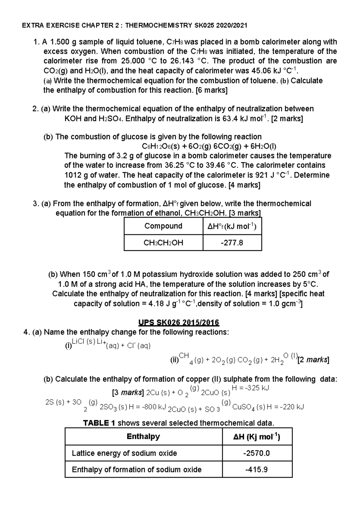Extra Exercise: Thermochemistry Insights - Chapter 2 SK025 2020 - Studocu