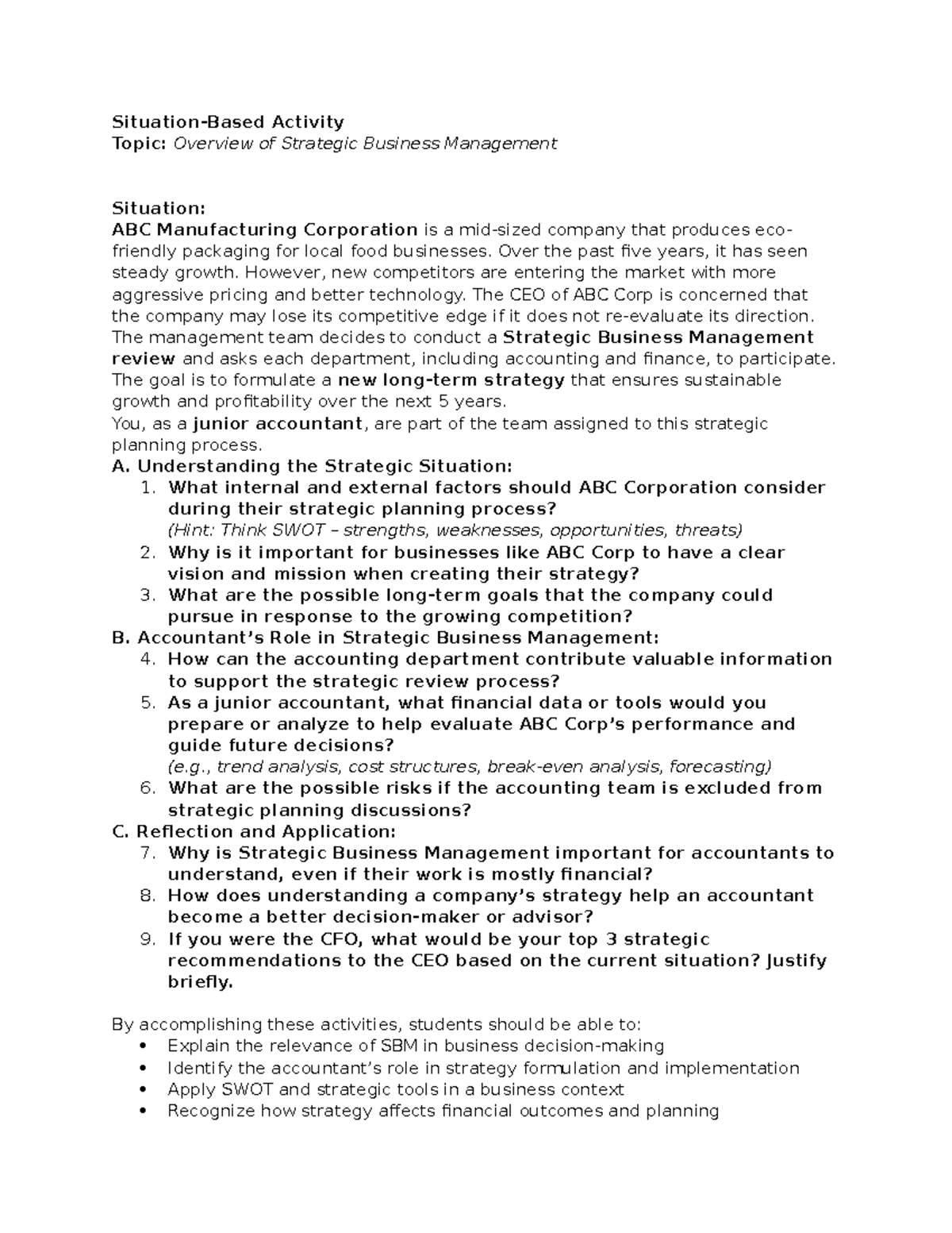 Strat BUS MGT Activity: Strategic Planning for ABC Corp - Studocu