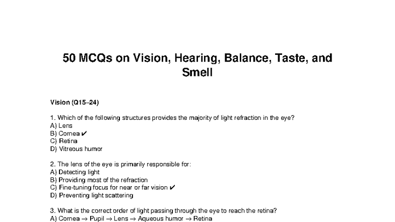 Sensory Systems MCQs: Vision, Hearing, Balance, Taste, Smell - Studocu