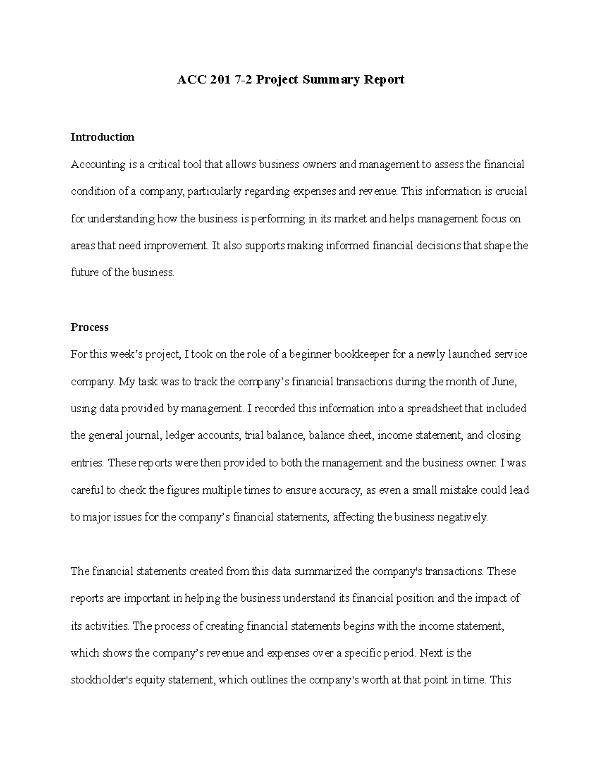 ACC 201 7-2 Project Summary: Financial Statement Analysis & Controls ...