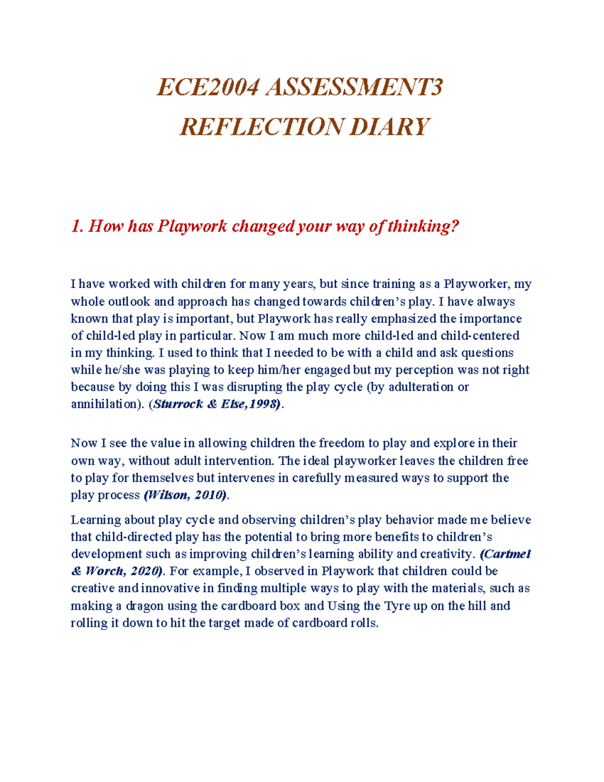 ECE2004 Assessment 3: Reflection Diary on Playwork Practice - Studocu