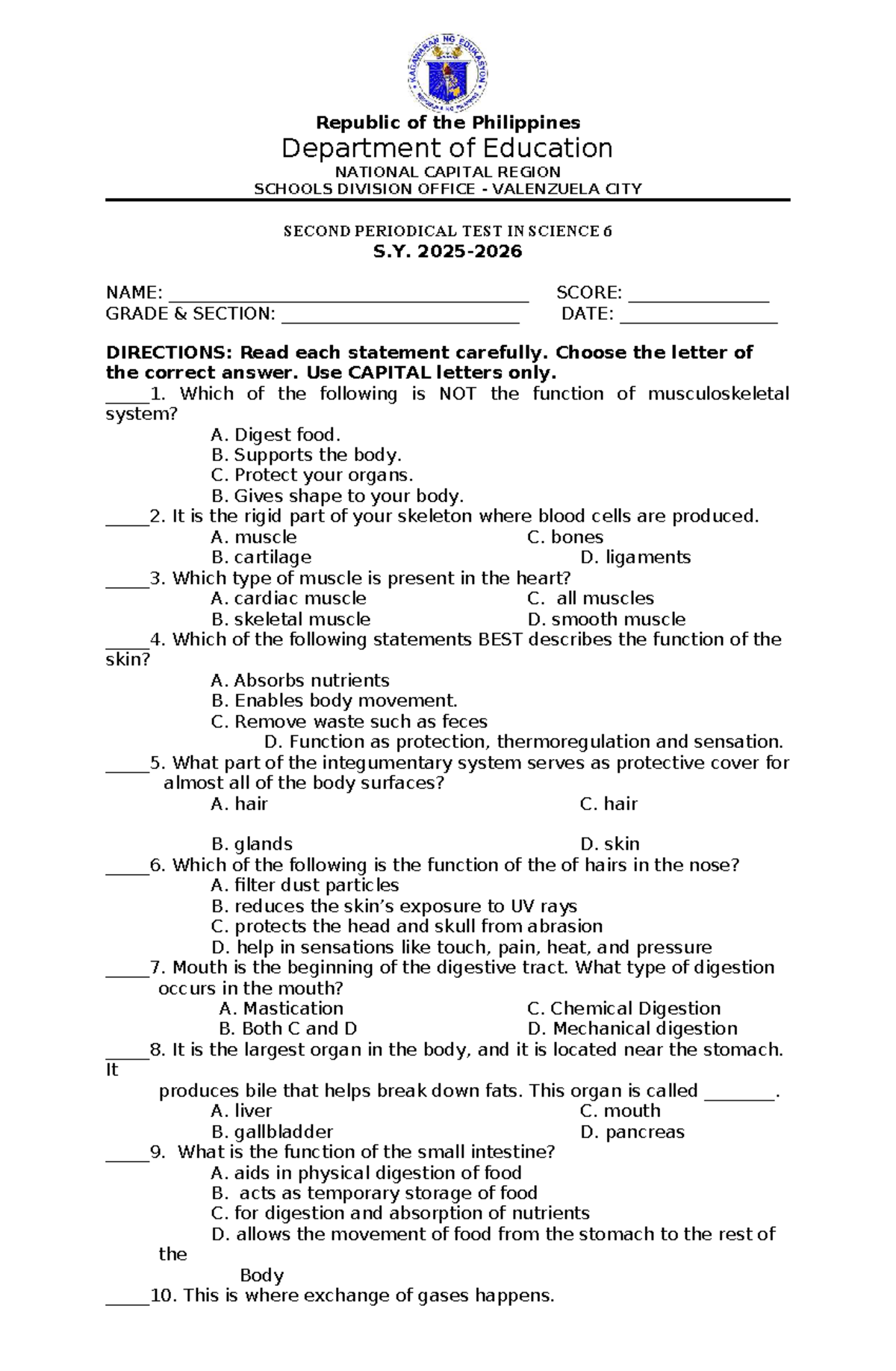 Science 6 S.Y. 2023 Second Periodical Test Review - Studocu