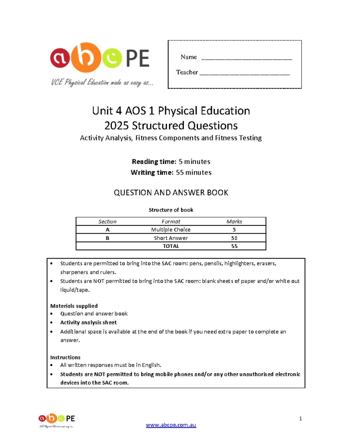 2025 Unit 4 AOS 1 PE Structured Questions on Fitness Components - Studocu