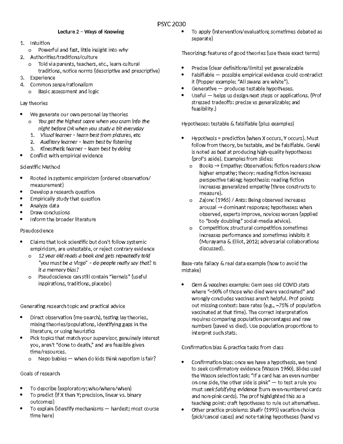 PSYC 2030 - Lecture Notes on Ways of Knowing and Research Methods - Studocu