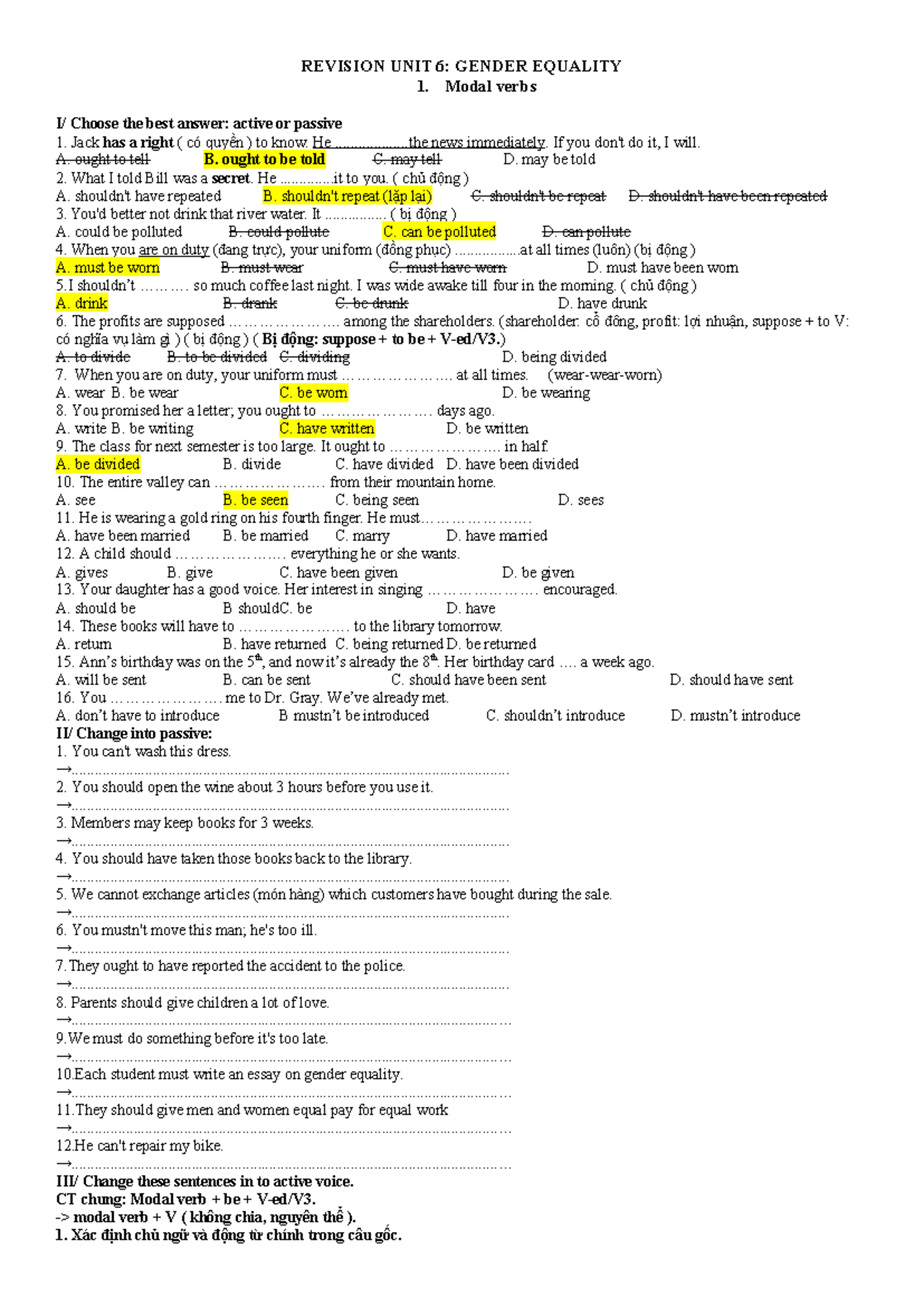 Unit 6: Gender Equality - Modal Verbs Practice and Exercises - Studocu