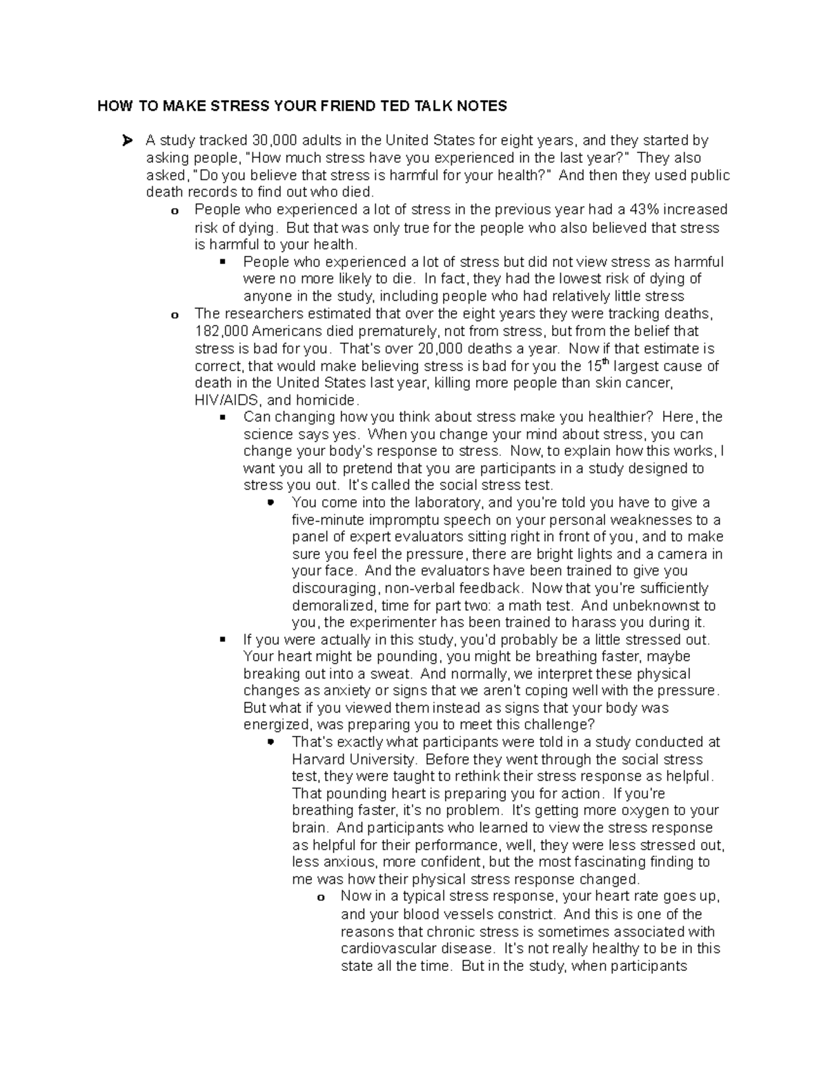 HOW TO MAKE STRESS YOUR FRIEND: TED TALK NOTES Summary - Studocu