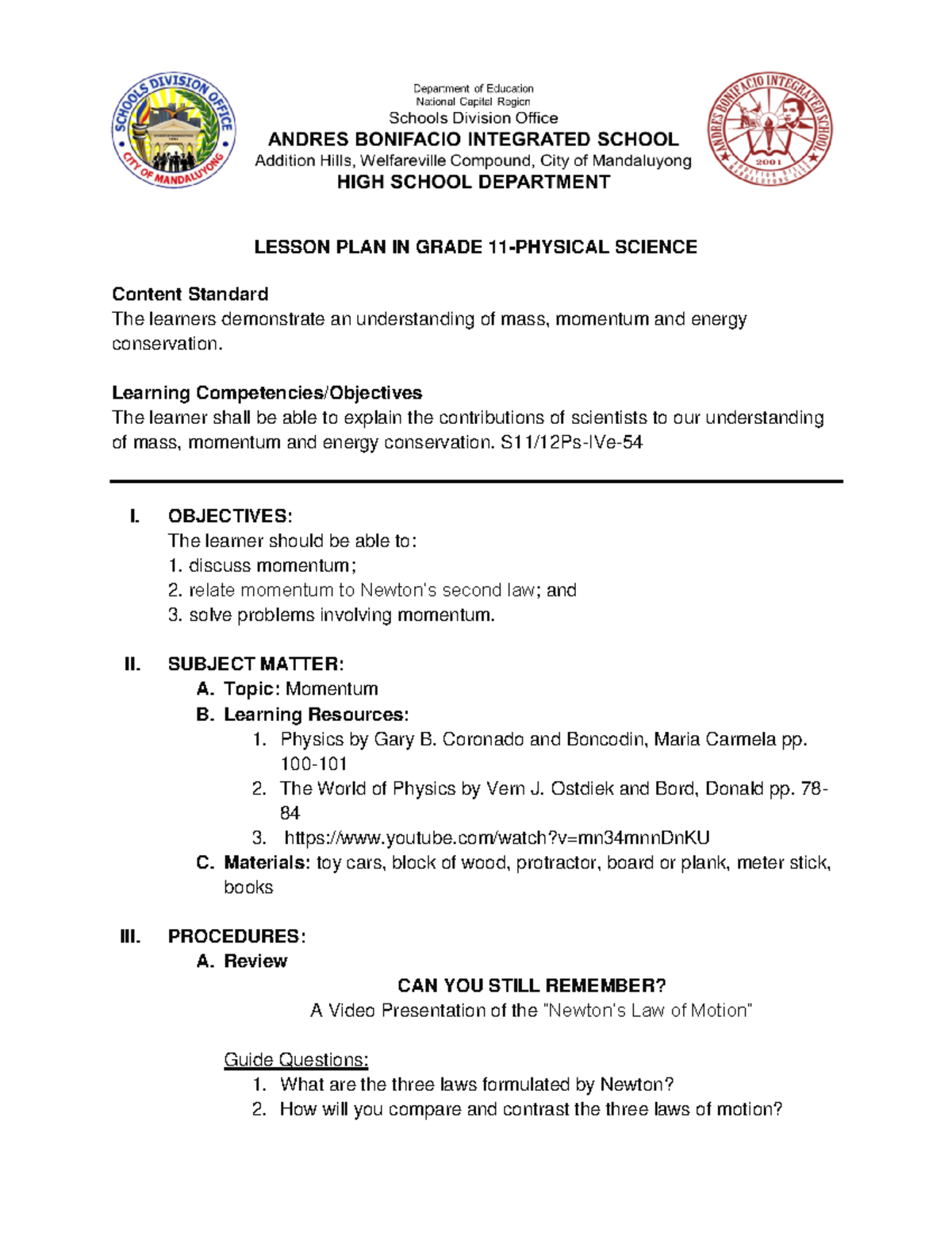 G11 Physical Science Lesson Plan: Exploring Momentum & Energy ...