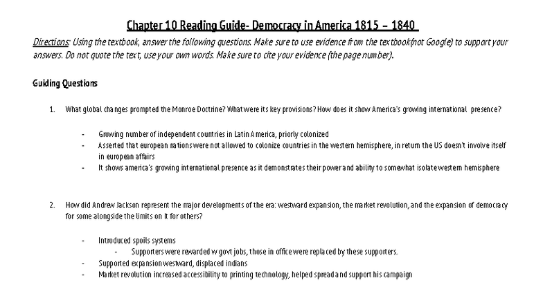Ch. 10 Foner Give Me Liberty Reading Guide: Democracy in America (1815 ...