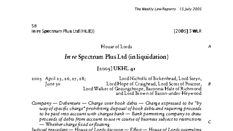 In re Spectrum Plus Ltd: Fixed vs Floating Charge Analysis (HL(E ...