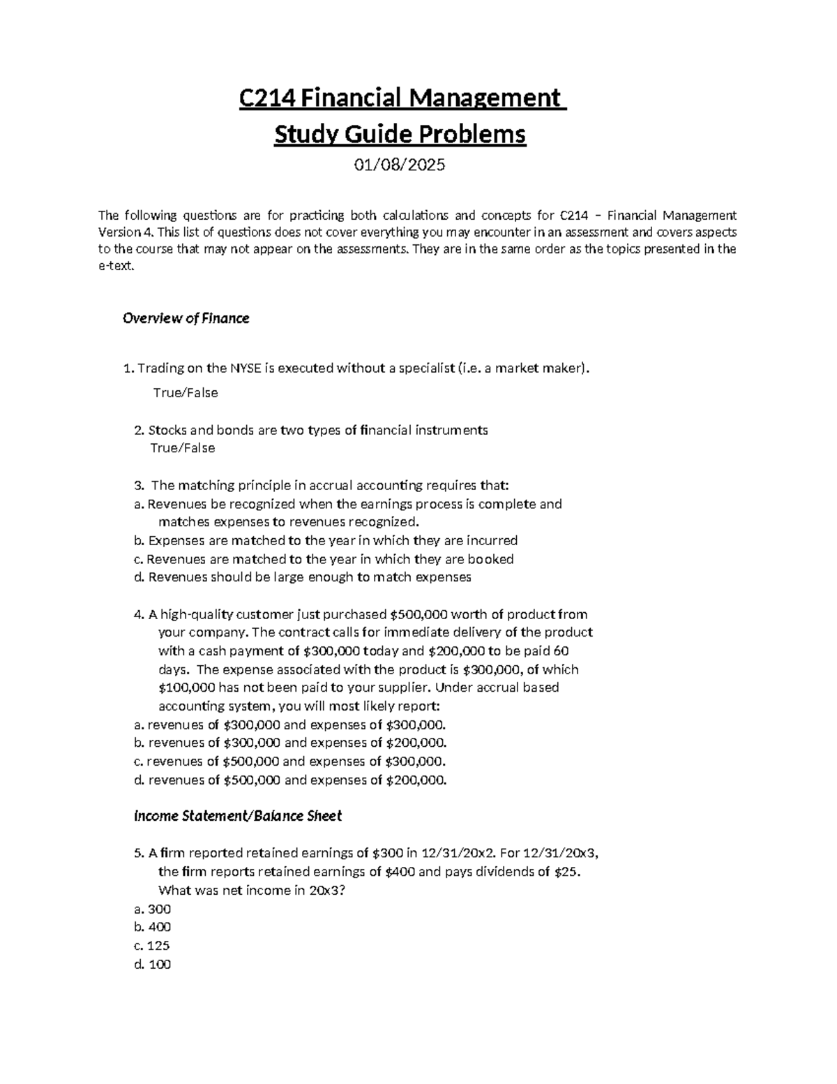 C214 Financial Management Study Guide: Practice Problems & Solutions ...