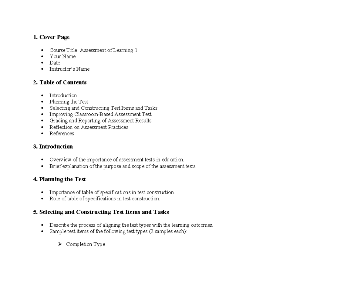 Portfolio in Assessment of Learning I Format 1 - 1. Cover Page Course ...