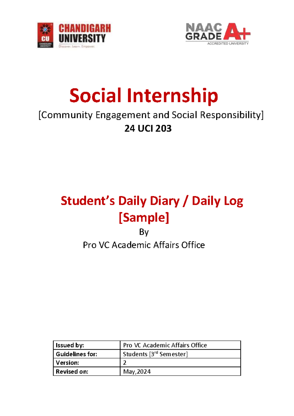 Sample Diary for Social Internship 24 UCI 203 - Daily Log Template ...