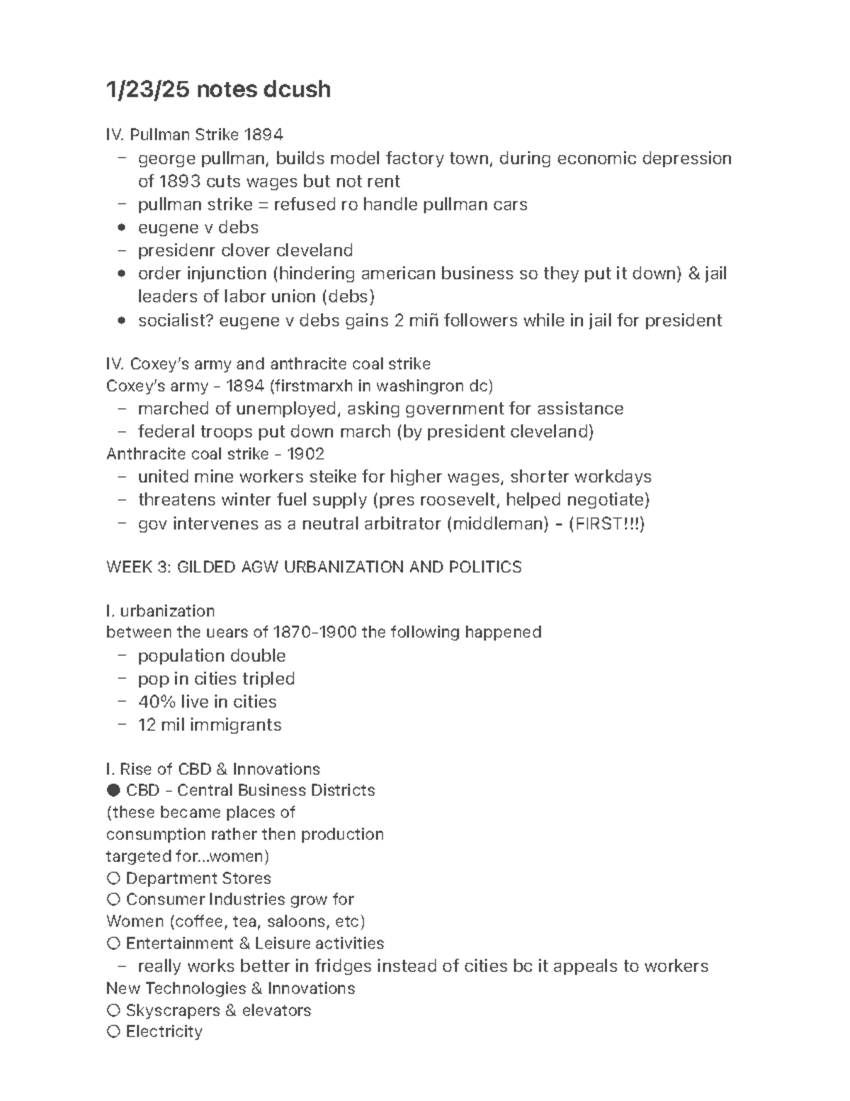 U.S. History Notes: Gilded Age Urbanization and Labor Strikes (HIST 101