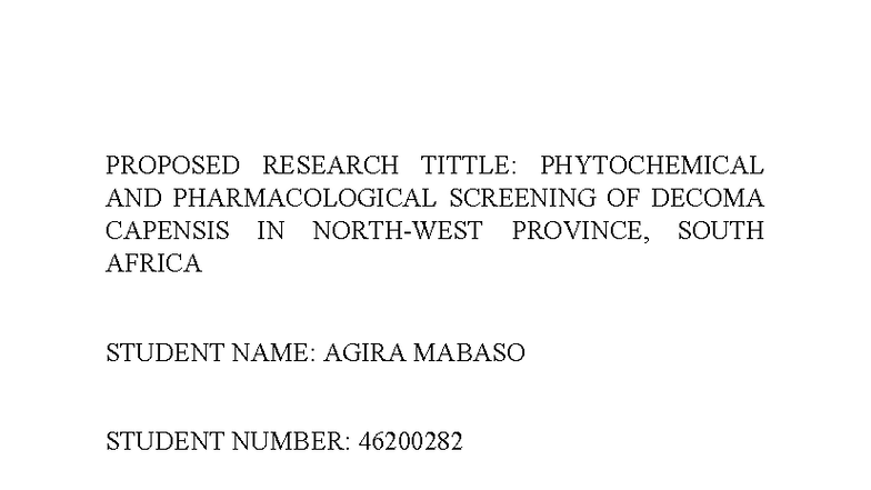 BSC Agriculture Research Proposal: Phytochemical Screening of Dicoma ...