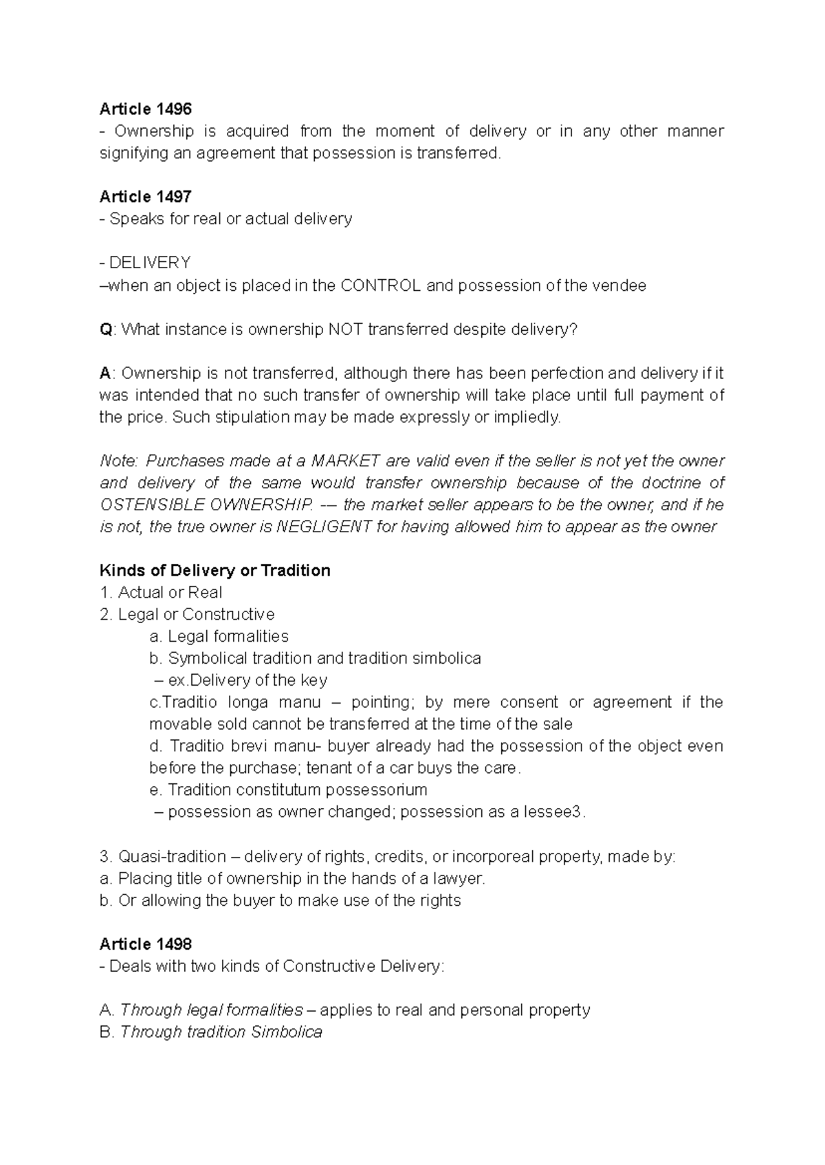 Sales Notes: Delivery, Ownership, and Risk (Law 101) - Studocu