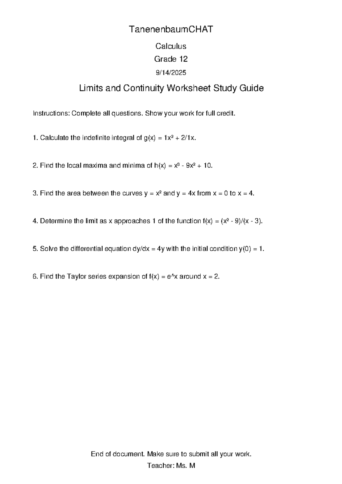 Grade 12 Calculus Worksheet: Limits & Continuity Study Guide - Studocu