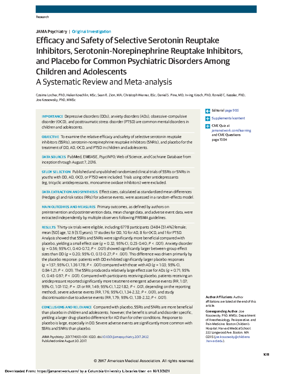Efficacy and Safety of SSRIs and SNRIs vs Placebo for Pediatric Mental ...
