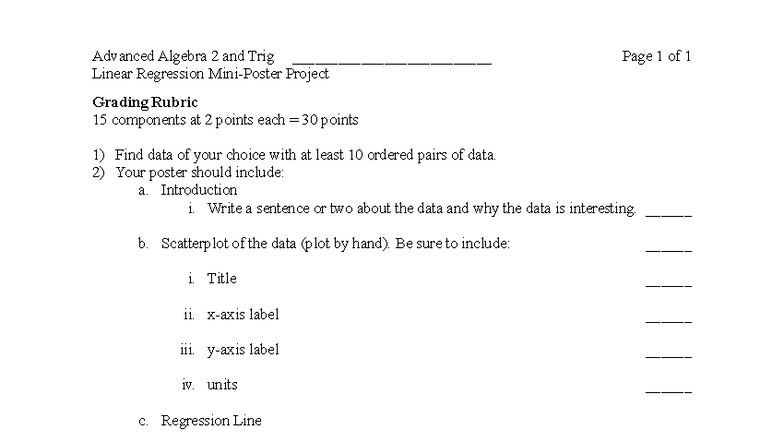Advanced Algebra 2 & Trig: Linear Regression Project Rubric - Studocu