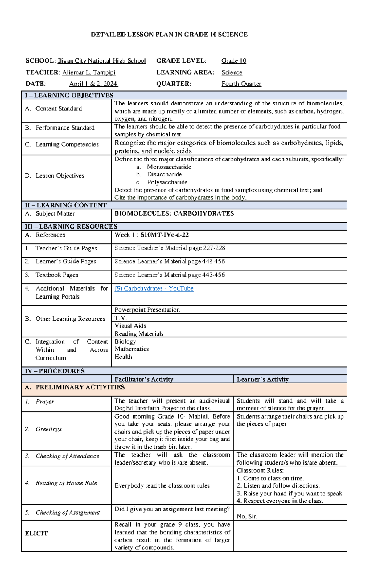 GRADE 10 SCIENCE CARBOHYDRATES LESSON PLAN - Studocu