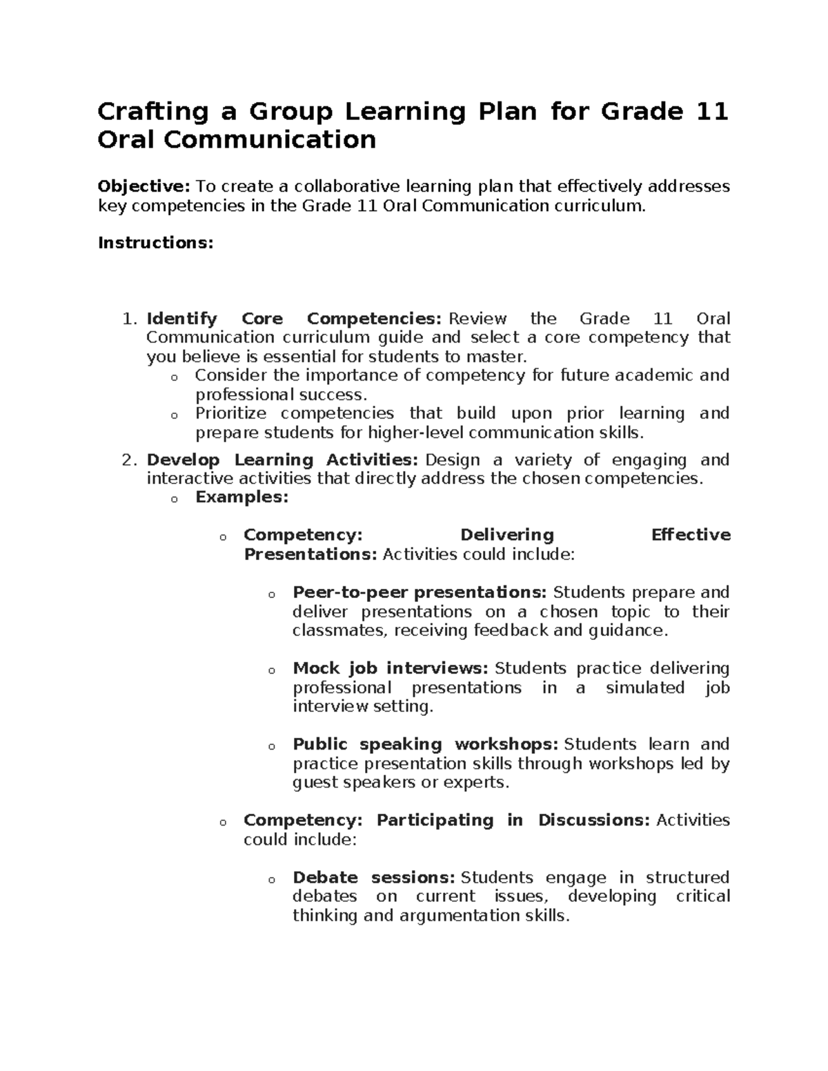 Group Learning Plan for Grade 11 Oral Communication Skills - Studocu