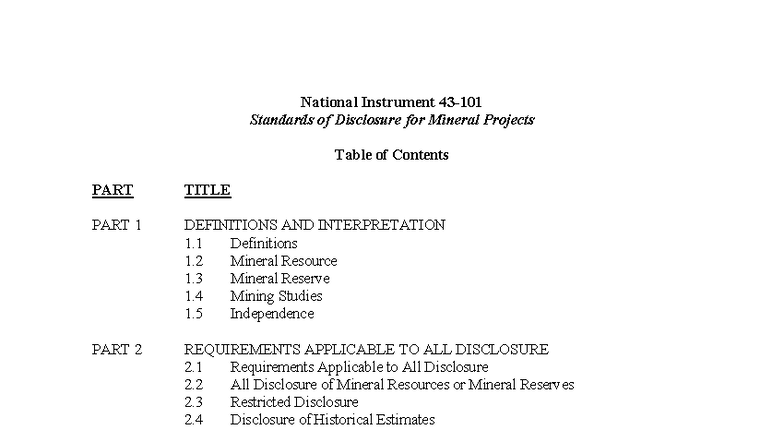 NI 43-101 Standards of Disclosure for Mineral Projects Overview - Studocu