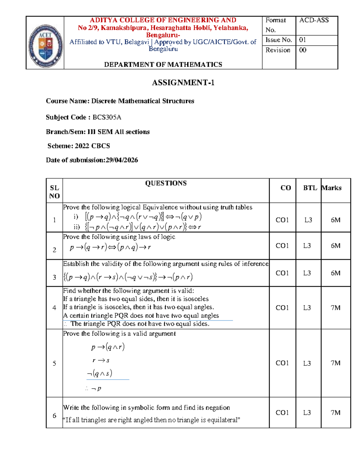 BCS305A Discrete Mathematical Structures Assignment No. 1 - Studocu