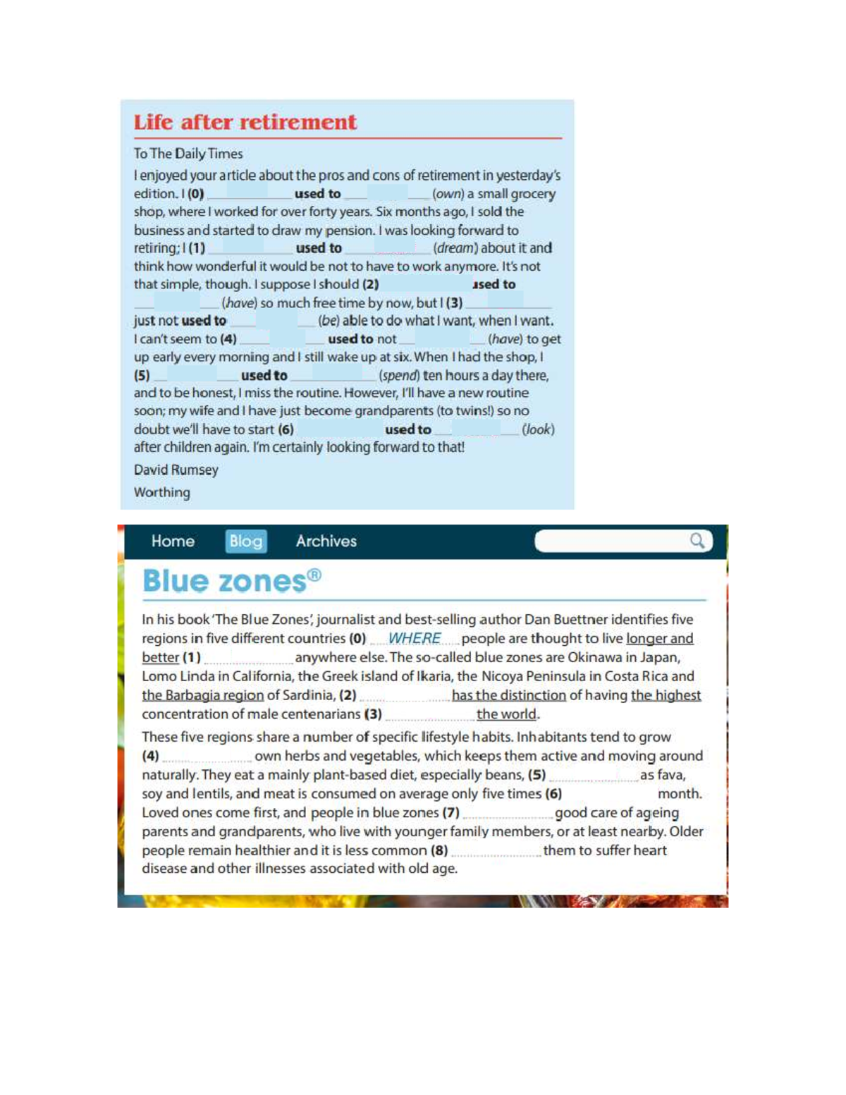 Unit 1 - Exercises on life after retirement and blue zones - Studocu