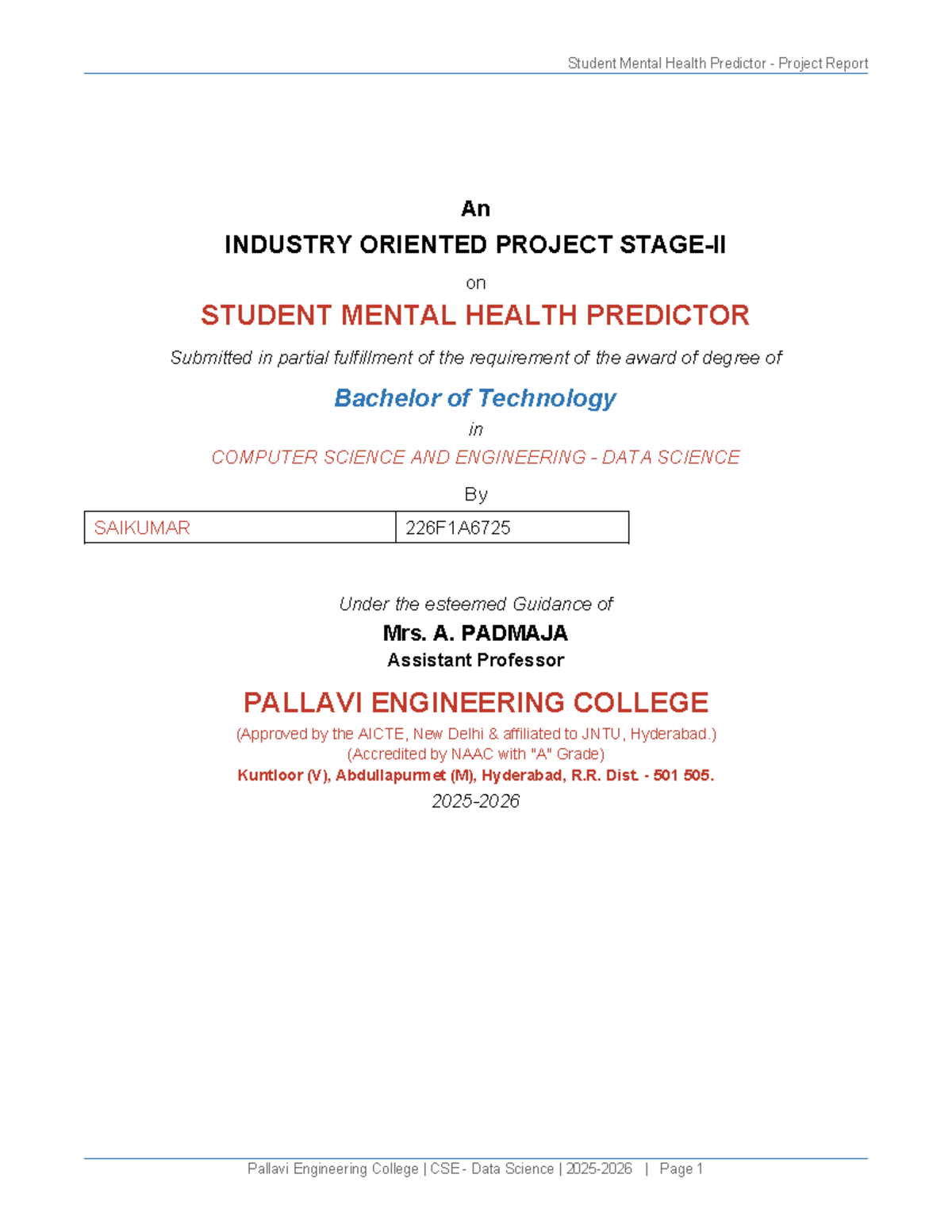 CSE 226F1A6725: Student Mental Health Predictor Project Report - Studocu
