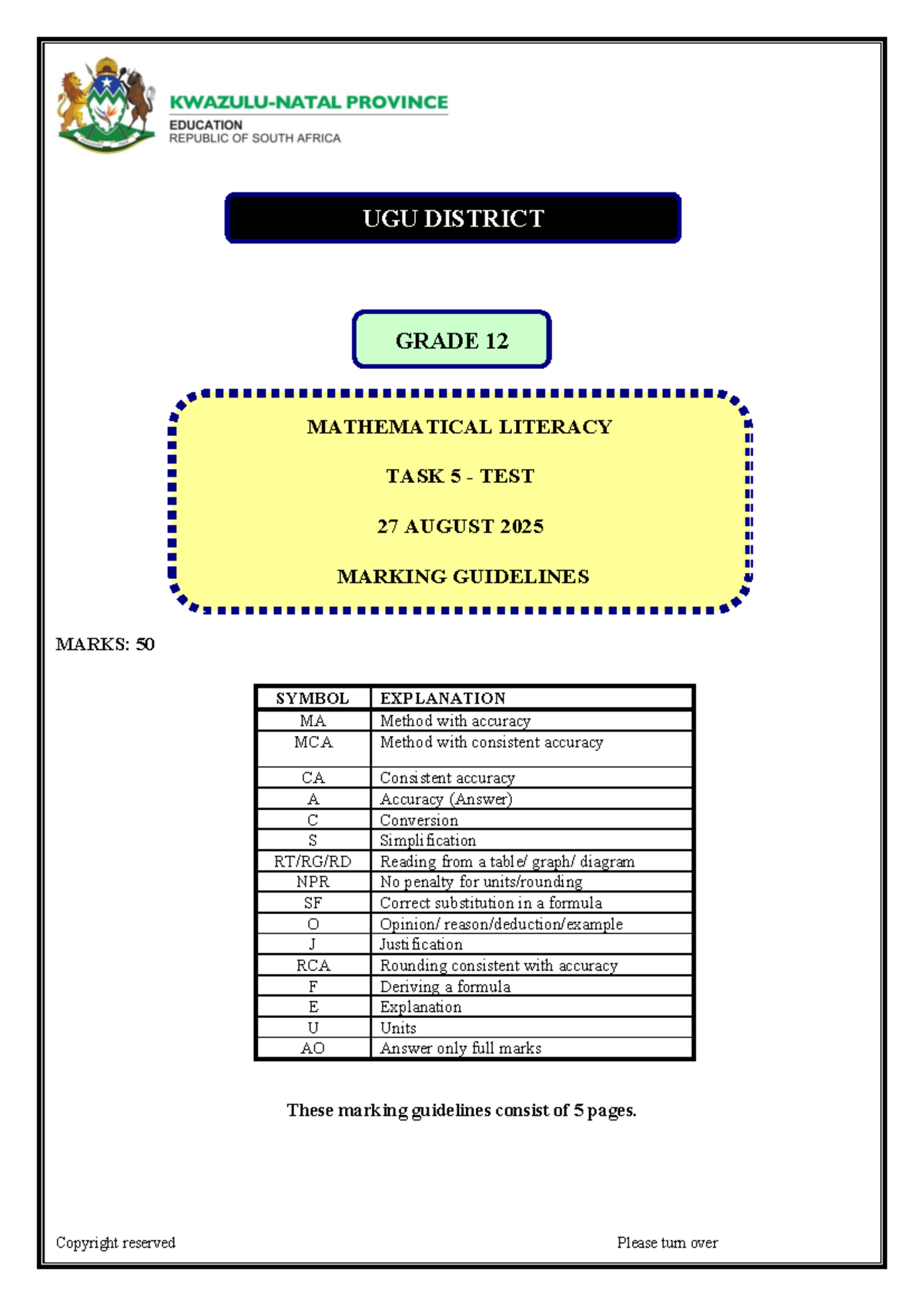 2025 UGU DISTRICT GRADE 12 MATHEMATICAL LITERACY TASK 5 MARKING ...