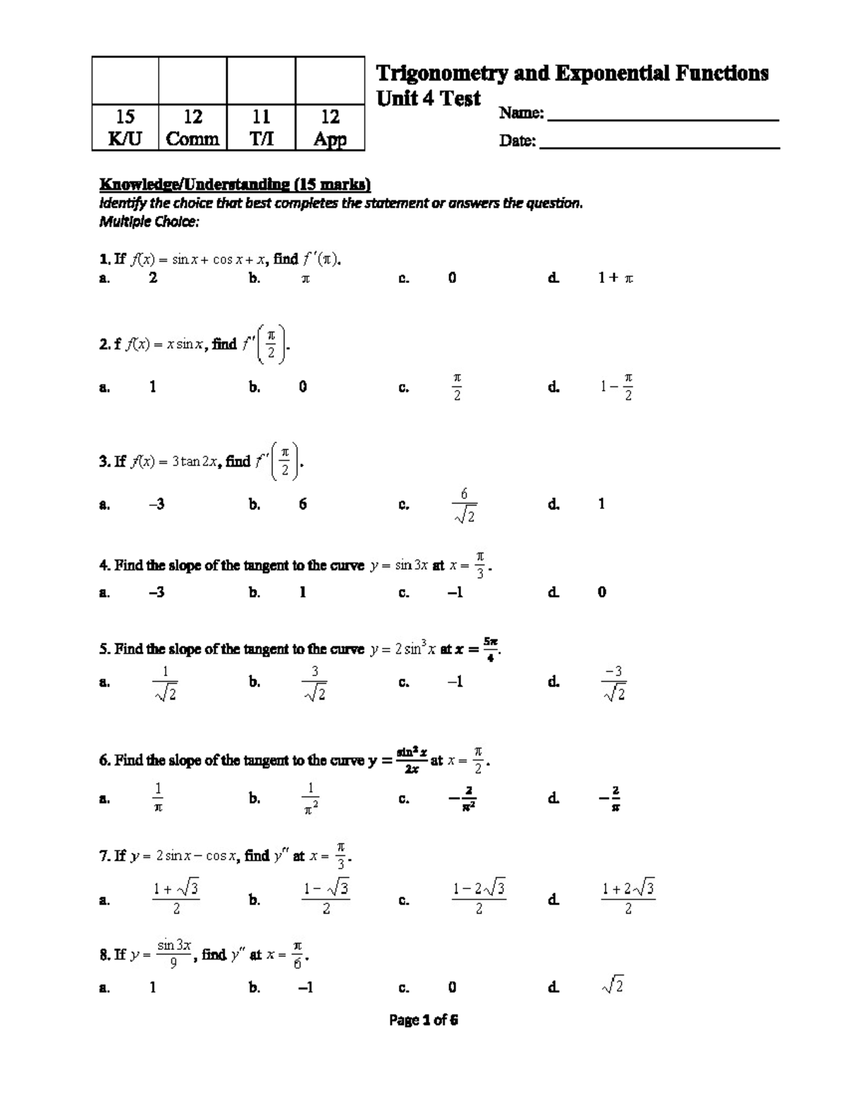 Unit 4 Test: Trigonometry & Exponential Functions Practice - Studocu